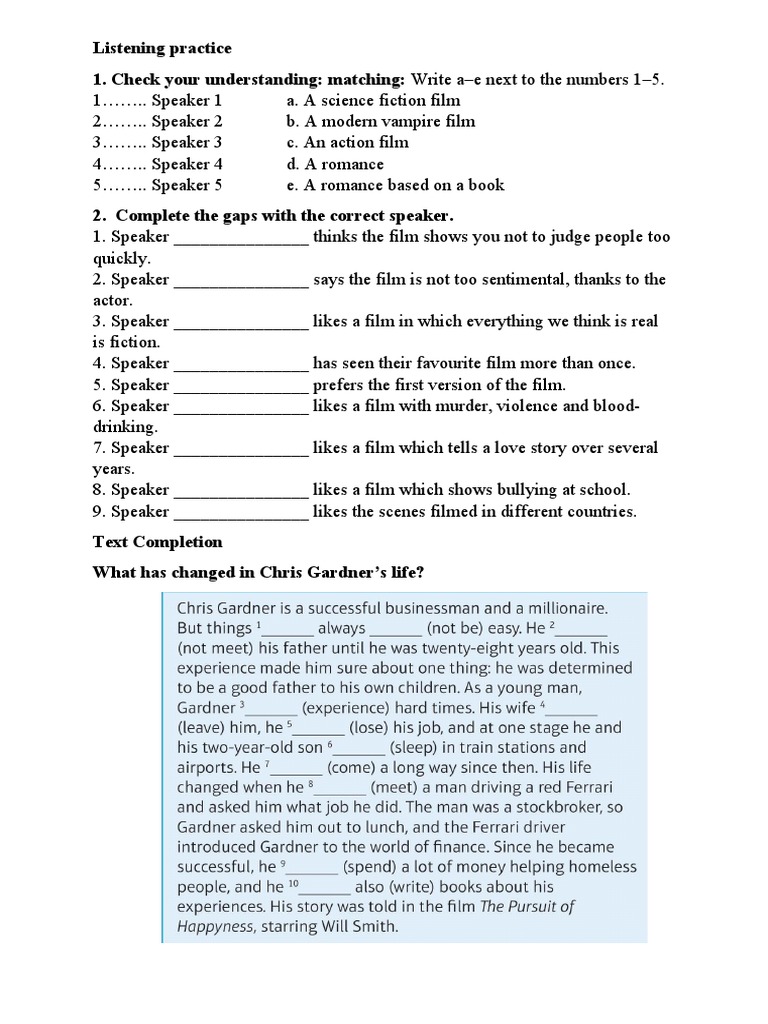 Listening Practice 1. Check Your Understanding: Matching: Write A-E ...