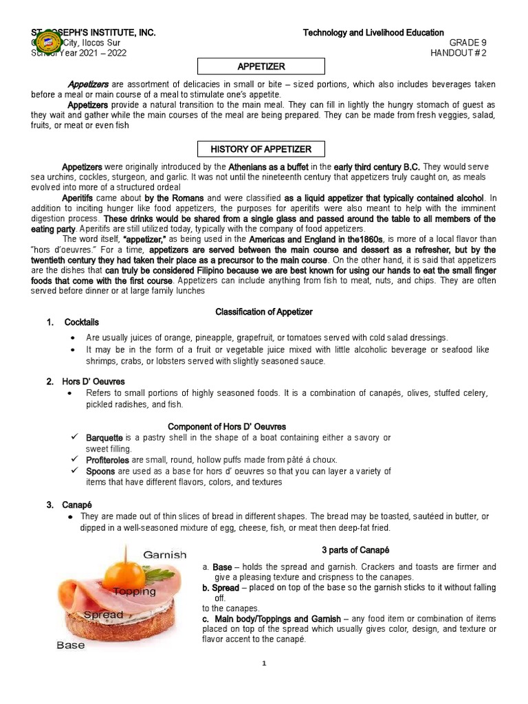 TLE GRADE 9 Handout 2 (FIRST QUARTER) | PDF | Hors D'oeuvre | Food And Drink