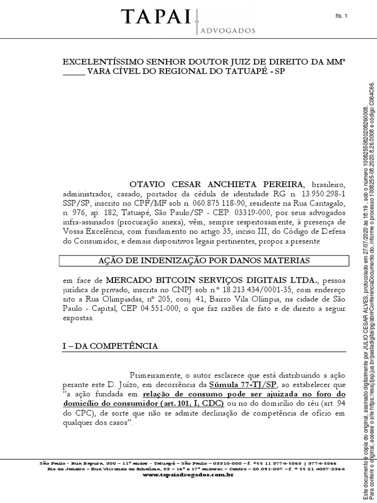 Petição Inicial TJSP | PDF | Bitcoin | Sentença (jurídico)