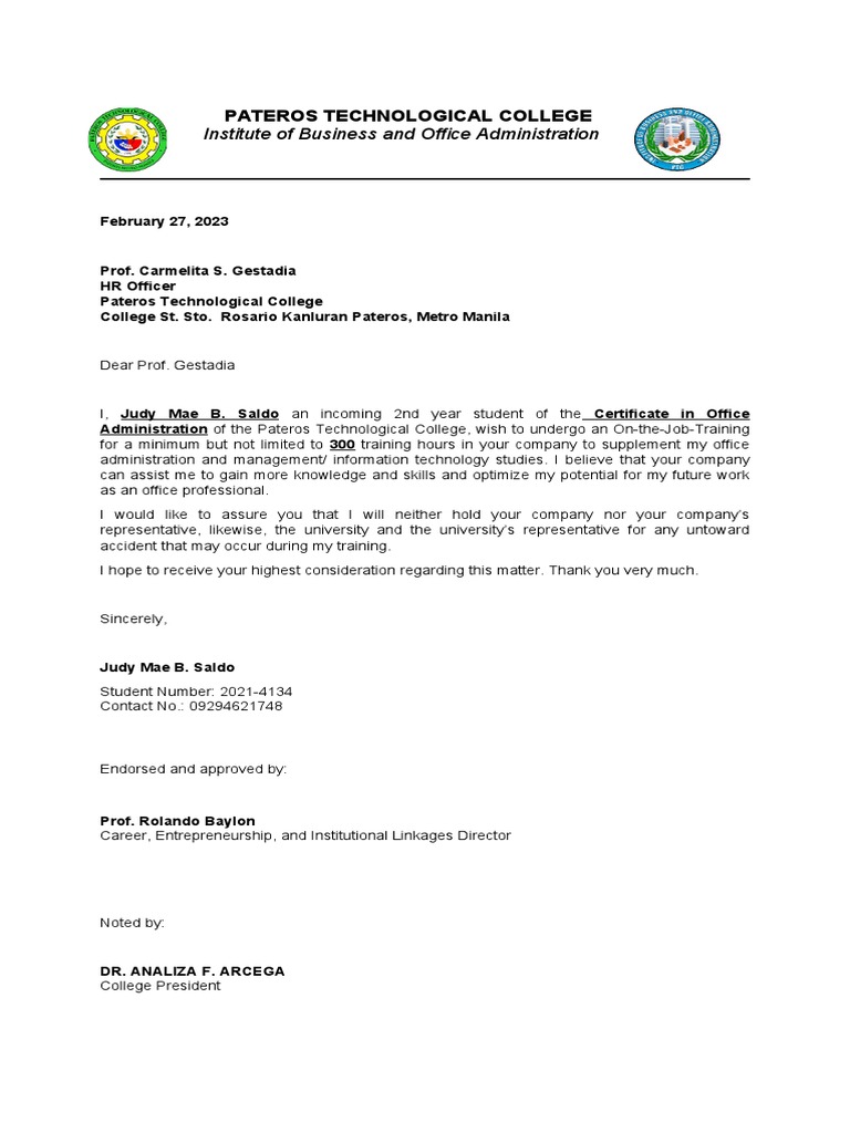 OJT ENDORSEMENT FORM Judy Mae Saldo | PDF