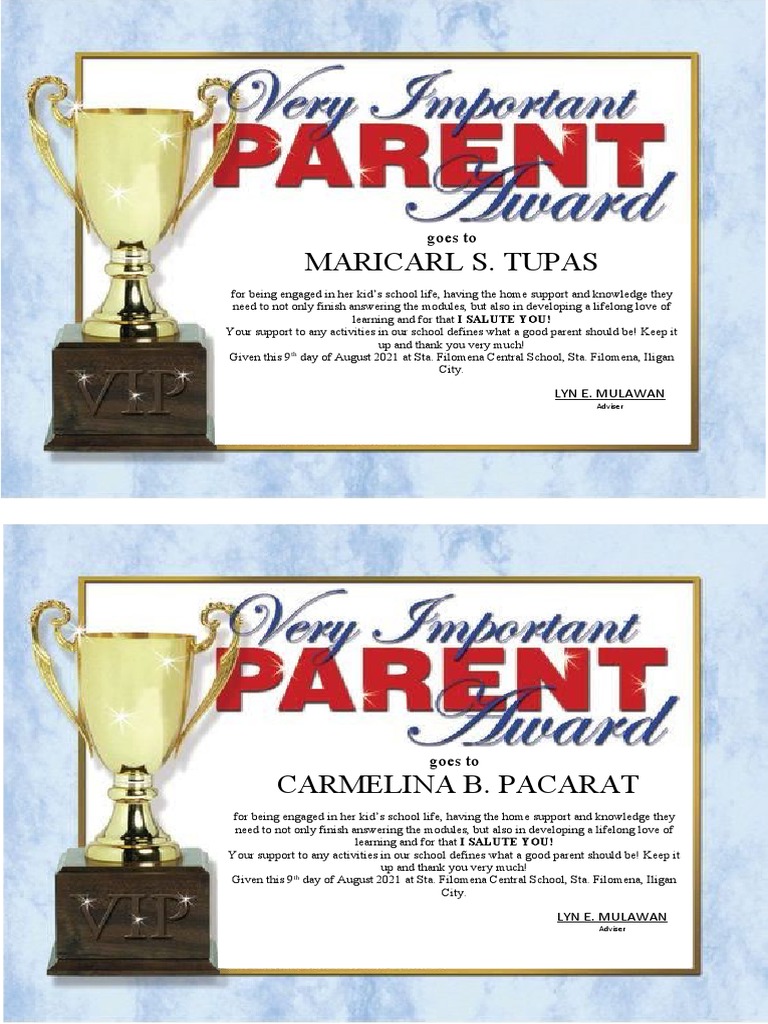 VIP Award For Parent | PDF | Self-Improvement | Lifestyle