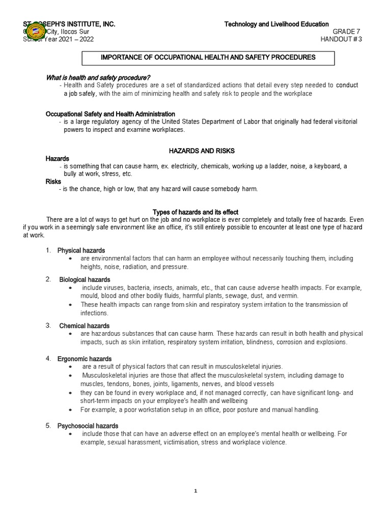 TLE GRADE 7 Handout #3 (Fisrt Quarter) | PDF | Occupational Safety And ...