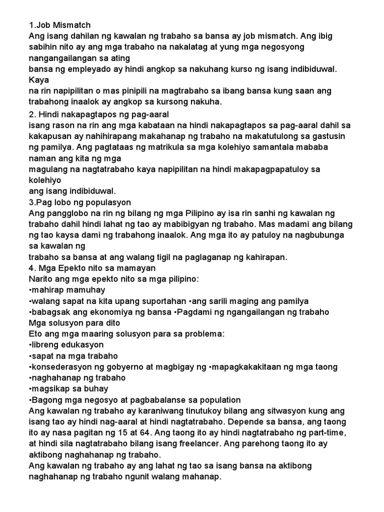Mga Sanhi NG Kakulangan Sa Trabaho | PDF