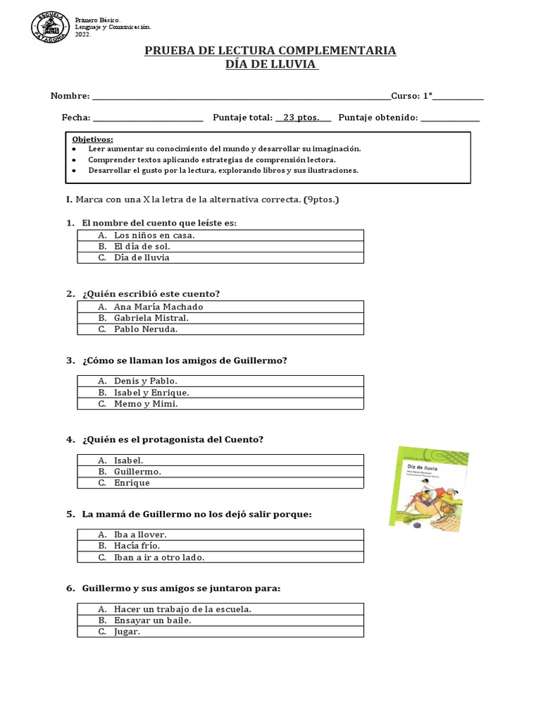 Prueba Día de Lluvia | PDF | Artes del Lenguaje y Comunicación | Hogar ...
