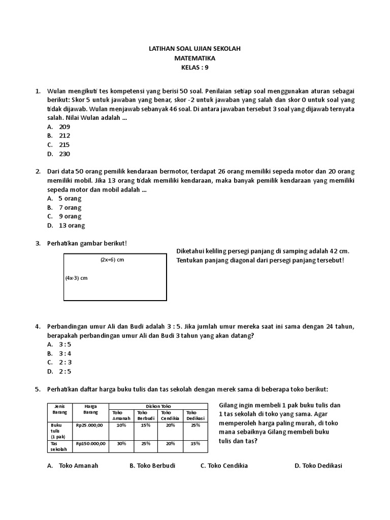 Latihan Soal Ujian Sekolah - Matematika | PDF