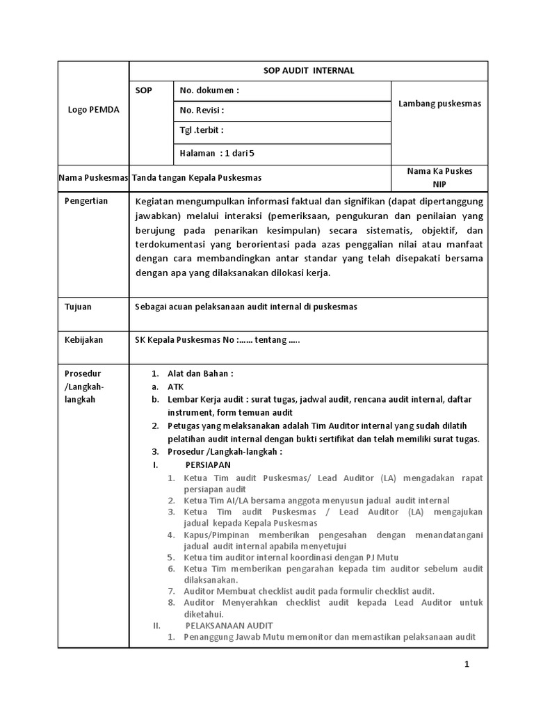 Contoh Isian Lembar Kerja Audit Internal | PDF