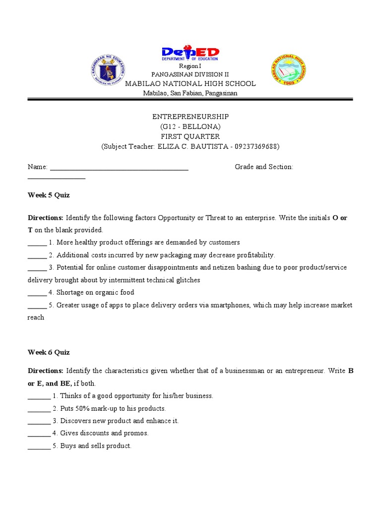 Assessment in Entrep 5 7 | PDF | Entrepreneurship | Marketing