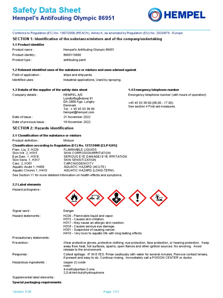 Safety Data Sheet: Hempel's Antifouling Olympic 86951 | PDF | Personal Protective Equipment | Waste