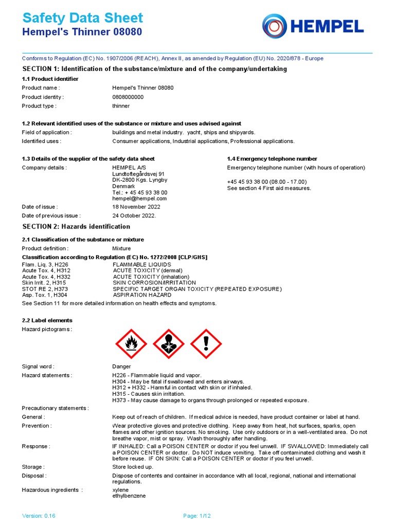 Safety Data Sheet: Hempel's Thinner 08080 | PDF | Toxicity | Chemistry