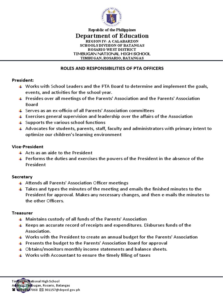 Roles and Responsibilities of Pta Officers | PDF