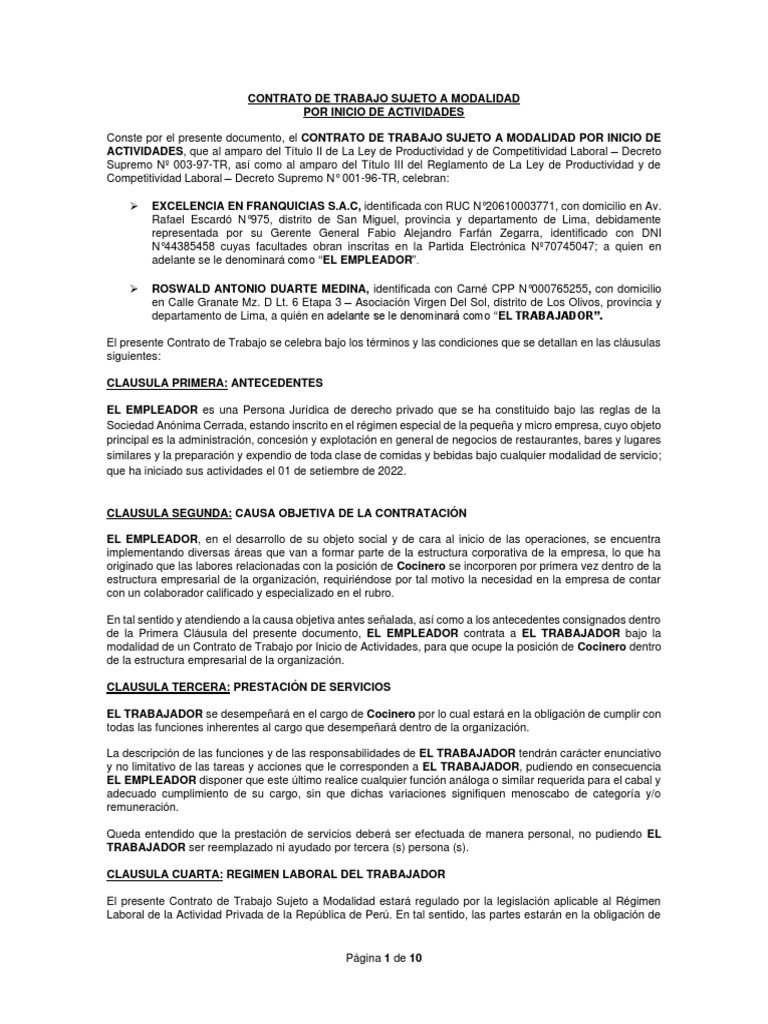 Contrato de trabajo por inicio de actividades para un cocinero en una ...