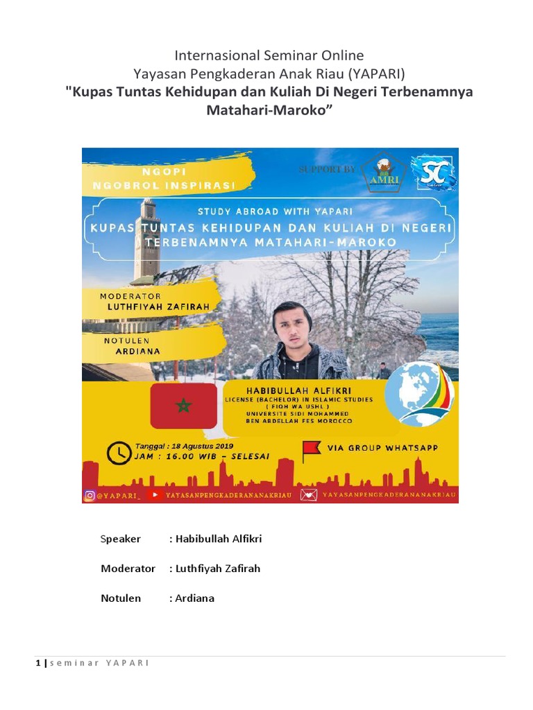 SEMINAR YAPARI - Kupas Tuntas Kehidupan Dan Kuliah Di Negeri Maroko | PDF