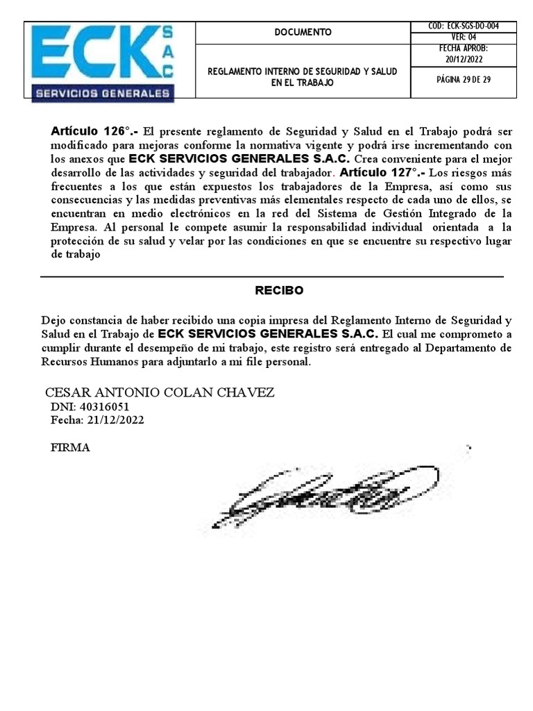 Cargo de Entrega Del RISST CESAR ANTONIO COLAN CHAVEZ | PDF