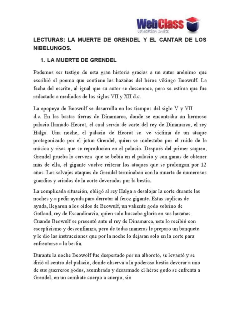 Lecturas: La Muerte de Grendel Y El Cantar de Los Nibelungos. 1. La ...