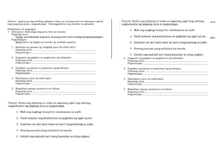 Activity Pagsang-Ayon at Pagsalungat | PDF