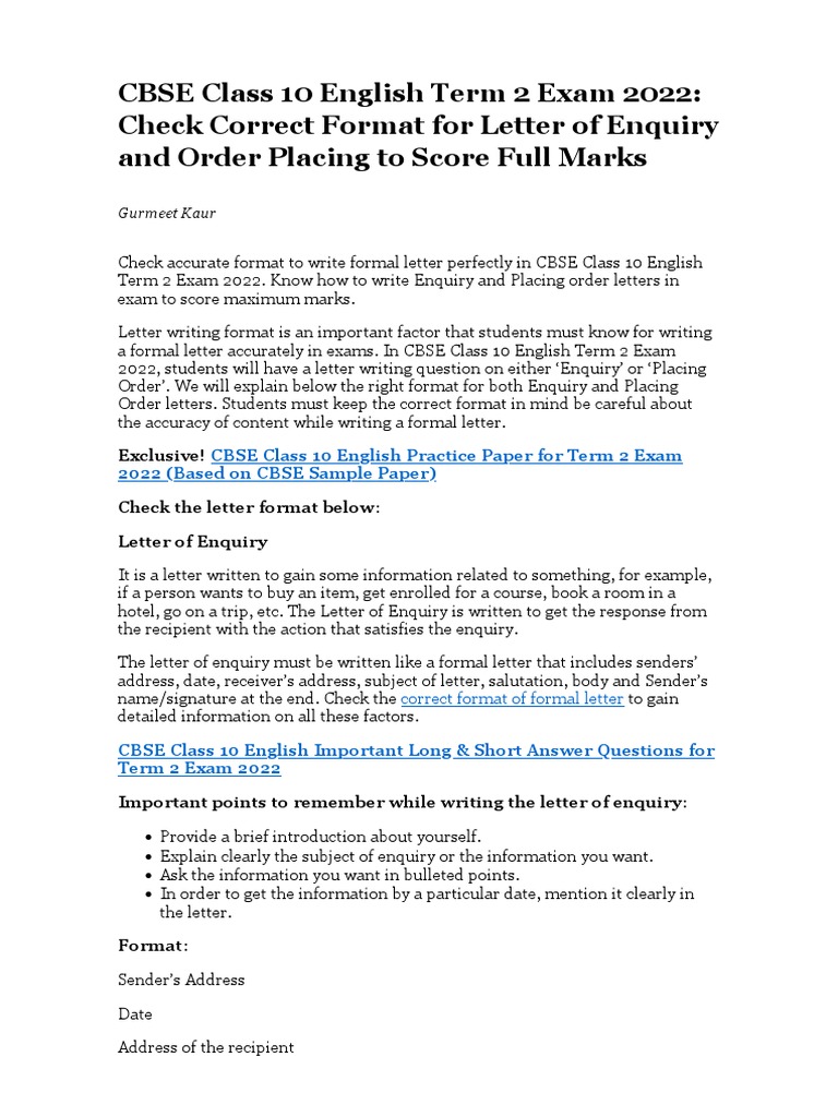 CBSE 10th Term 2 Exam 2022 Check English Important Letter Writing ...