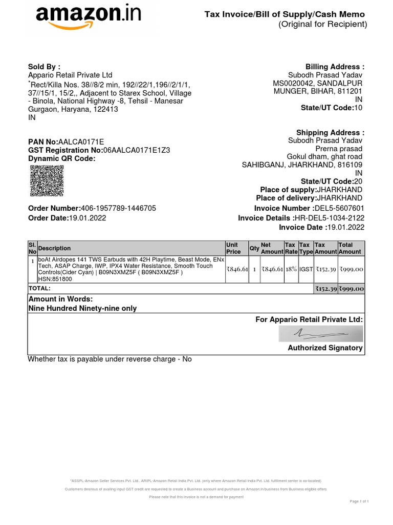Invoice 141 | PDF | Invoice | Taxation