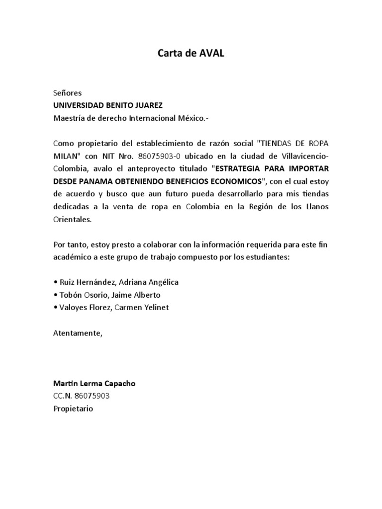 Carta de AVAL: Universidad Benito Juarez | PDF