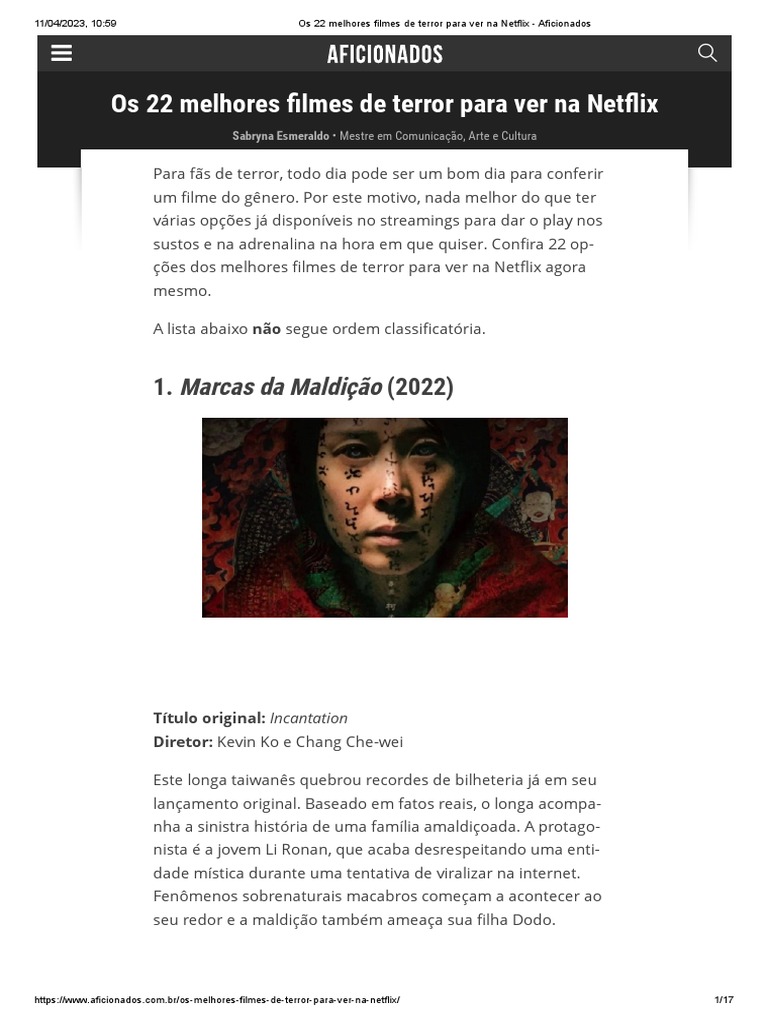 Os 22 Melhores Filmes de Terror para Ver Na Netflix - Aficionados | PDF