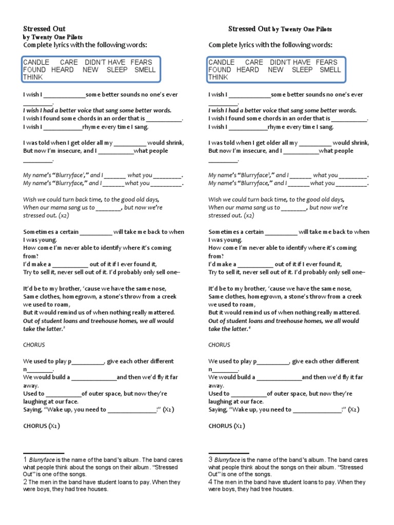 3F Stress Out Lyric To Ptint | PDF