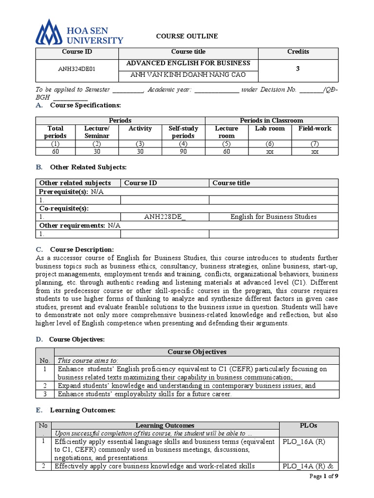 Advanced English for Business Course Outline | PDF | Educational ...