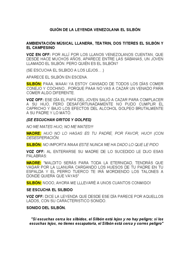 Guión de La Leyenda Venezolana El Silbón | PDF