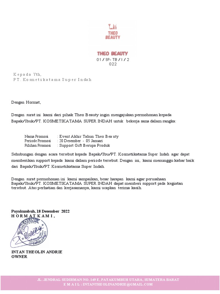 Surat Permohonan Support Grand Opening Theolin Beauty 16 | PDF