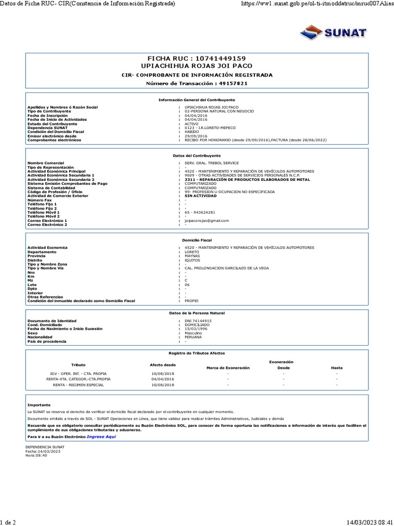 Datos de Ficha RUC - CIR (Constancia de Información Registrada) | PDF | Economias