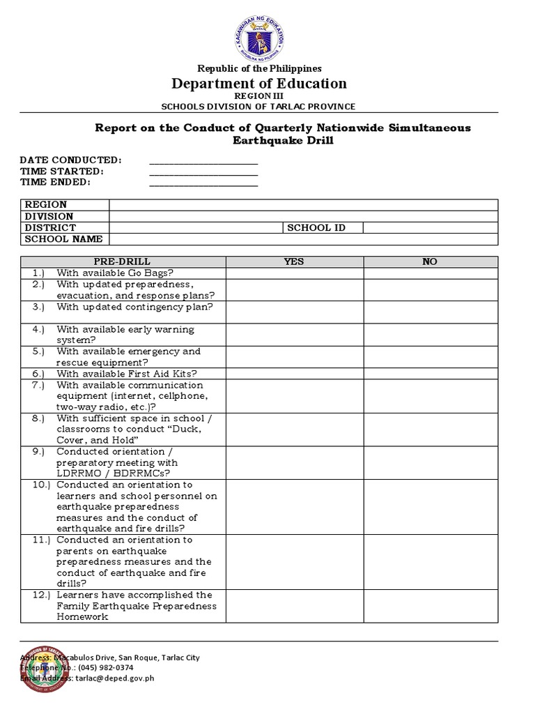 SDRRM Earthquake Drill Template | PDF | Emergency Management