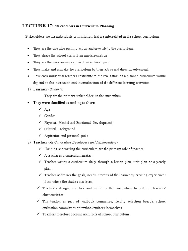 LECTURE 17 - Stakeholders in Curriculum Planning | PDF | Curriculum ...