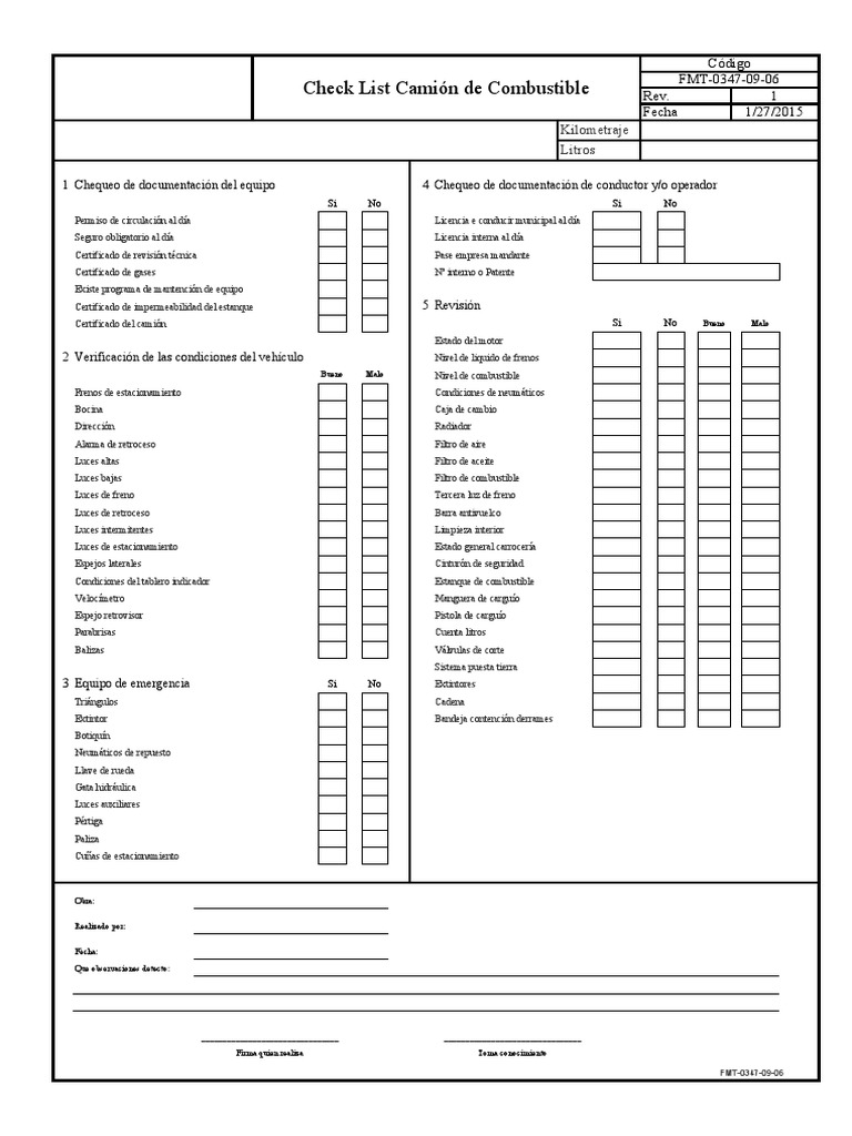 Check List Camión de Combustible | PDF | Neumático | Camión