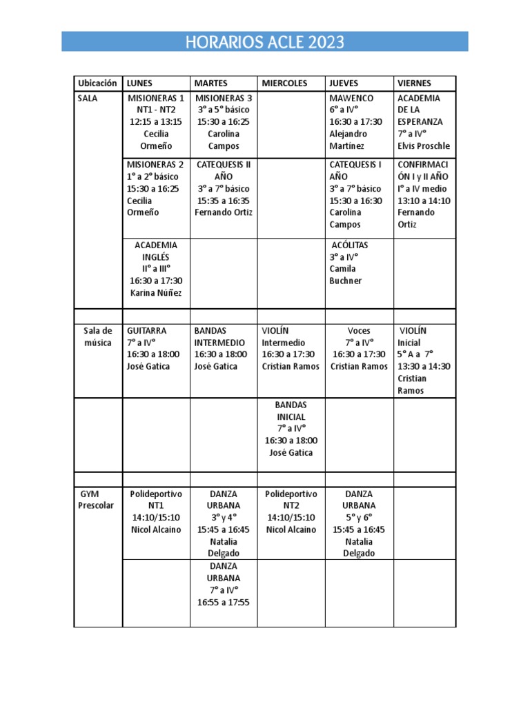 Horarios Acle 2023 | PDF | Gimnasia