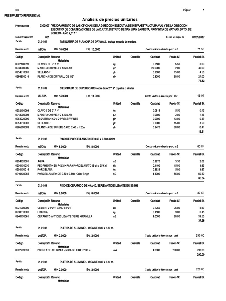 Análisis de Precios Unitarios: Página | PDF | Conocimiento procedimental | Cemento