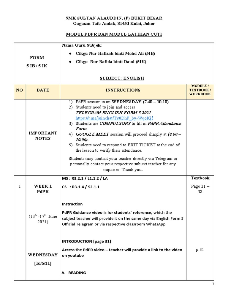 Form 5 PDPR June - July | PDF | English Language | Cognitive Science