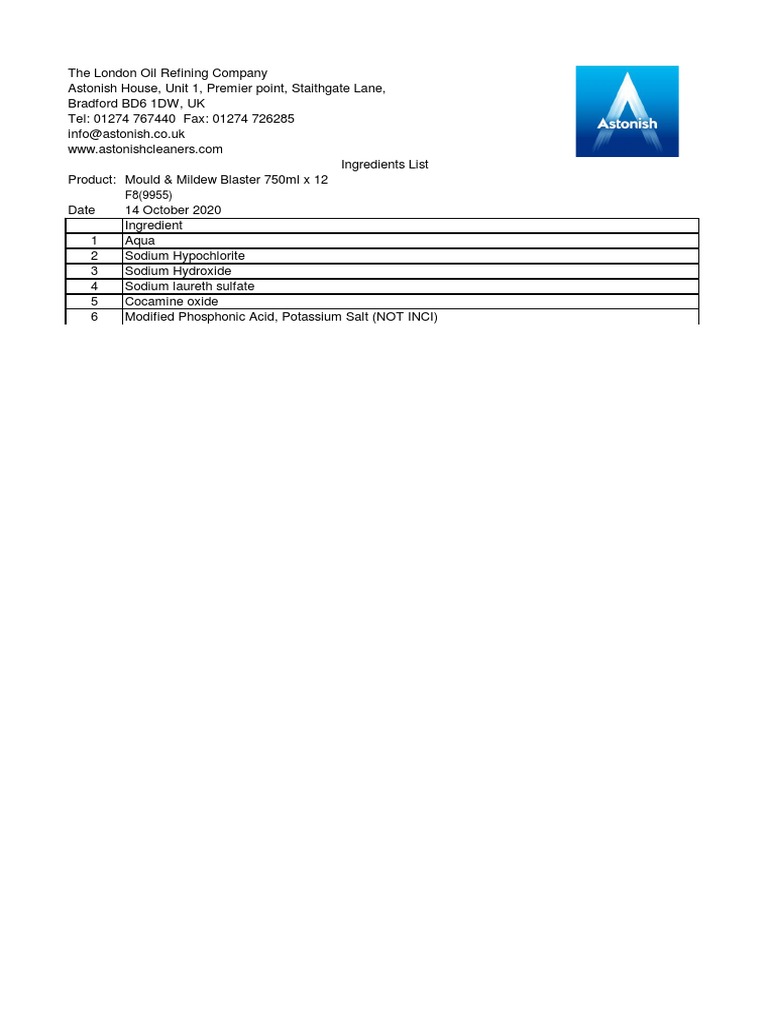 Mould & Mildew Blaster Ingredients | PDF
