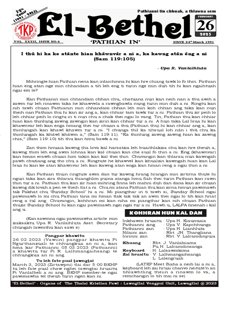 Pathian In': I TH NG A Ni (Sam 119:105) | PDF | Foreign Language ...