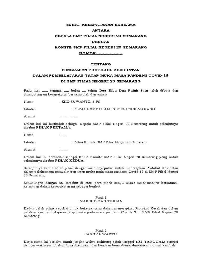 Draft Surat Kesepakatan Bersama Komite Sekolah Protokol Kesehatan | PDF
