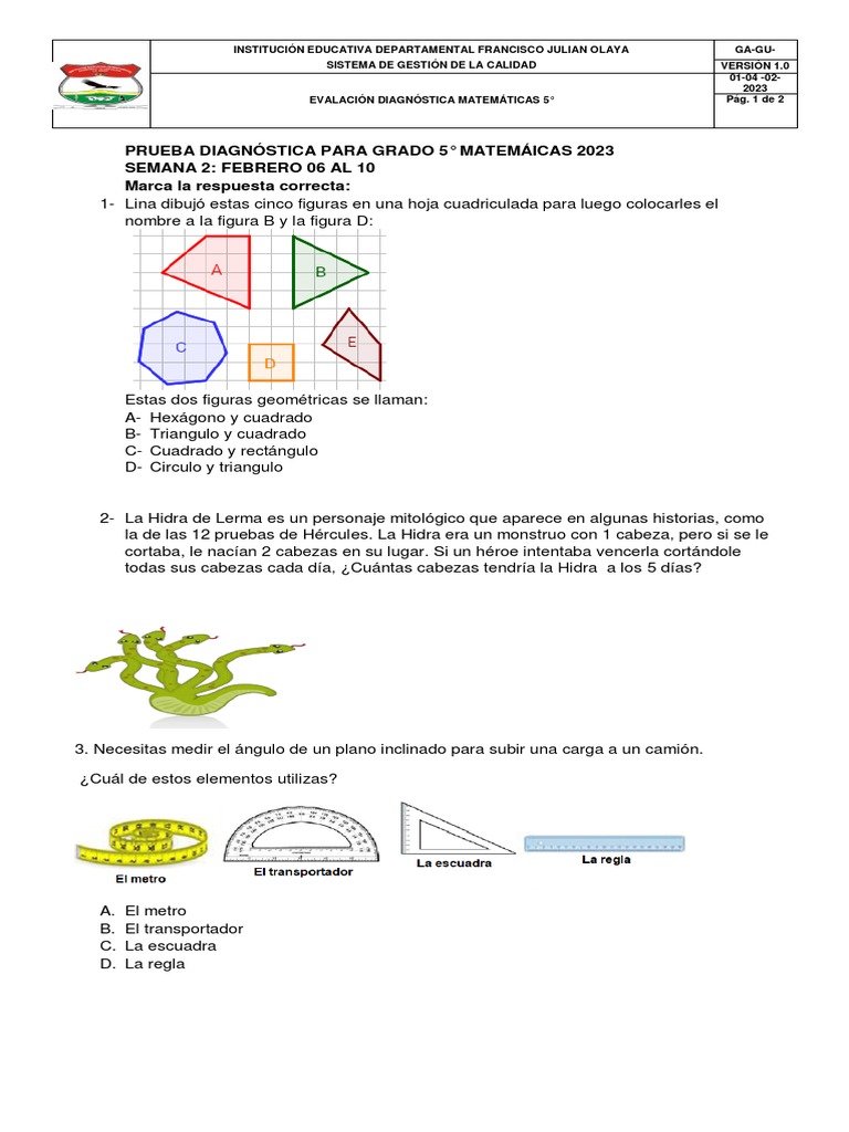 Prueba Diagnostica Matemáticas 5° 2023 | PDF