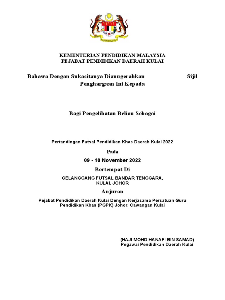SIJIL FUTSAL 2022 Pengadil N Urusetia | PDF