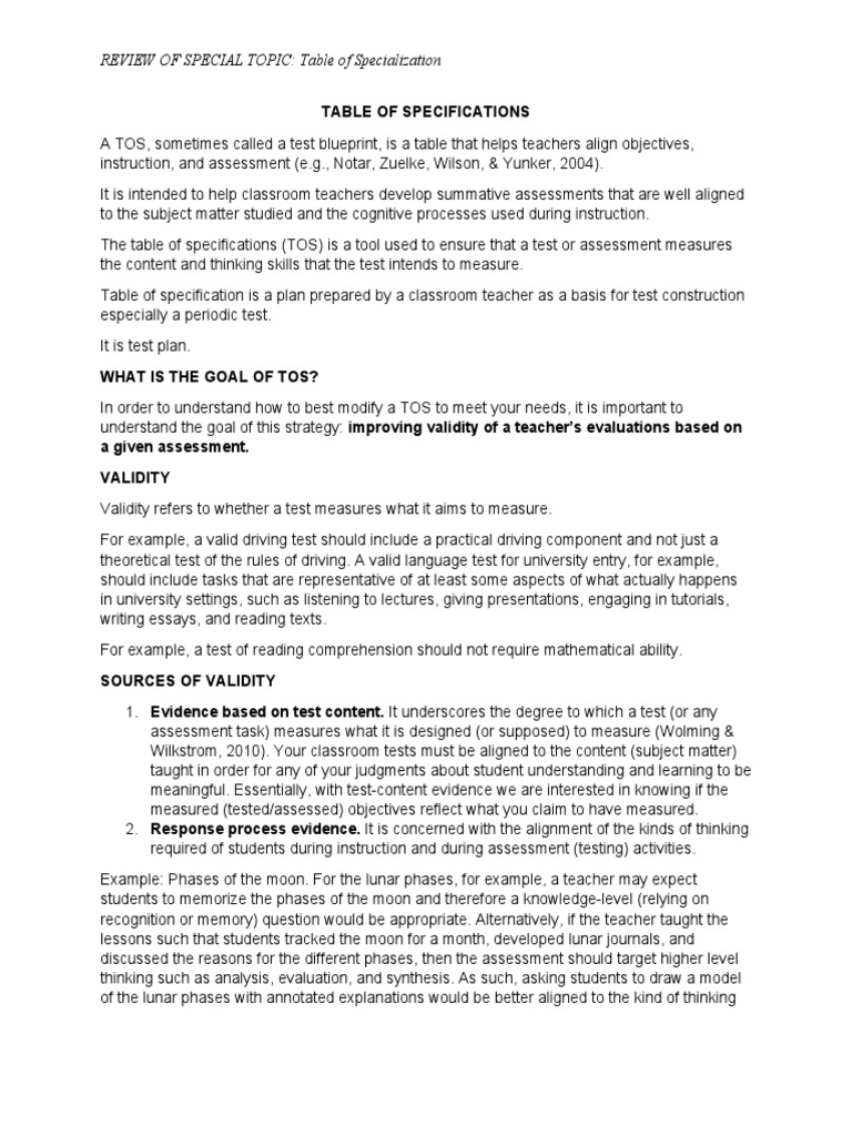 Table of Specifications | PDF | Educational Assessment | Validity ...
