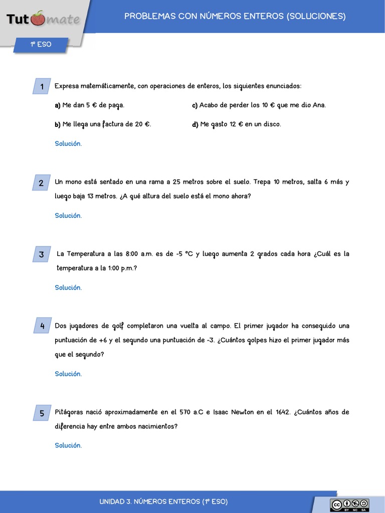 Ejercicios - Problemas - Con - Numeros - Enteros.1 Con Soluciones | PDF | Entero