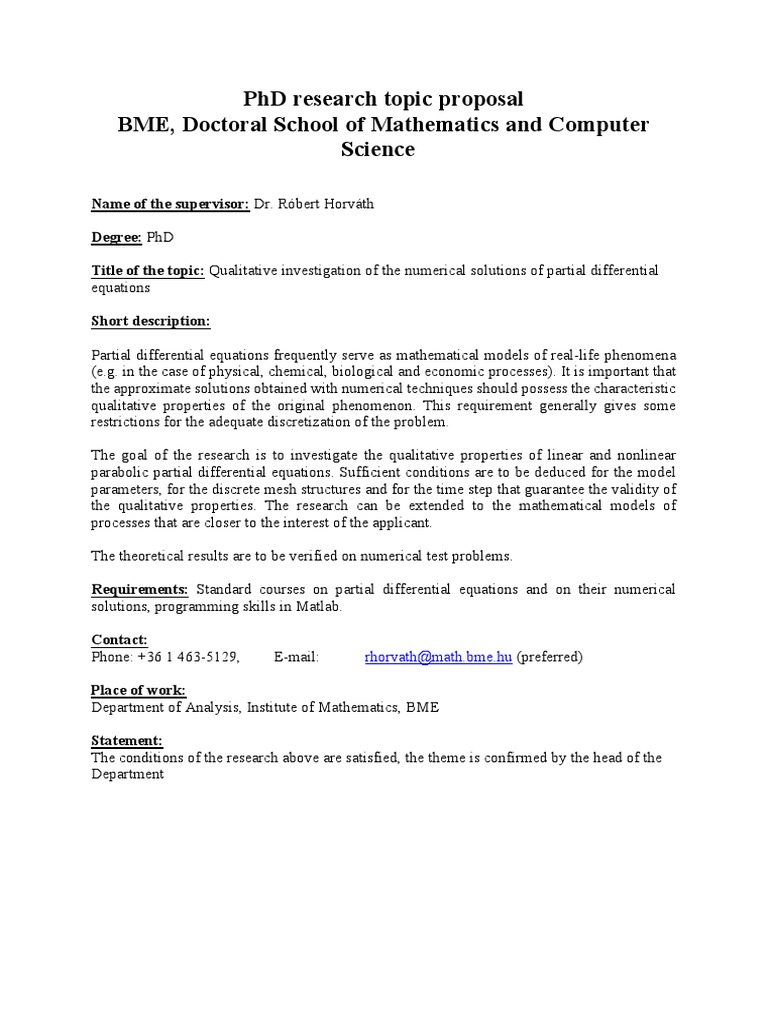 PHD Research Topic Proposal Bme, Doctoral School of Mathematics and ...