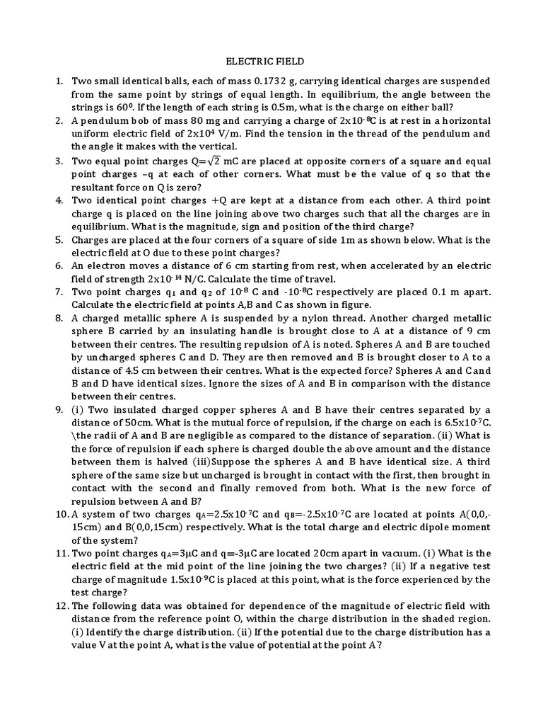 Electric Field Numericals | PDF | Electric Field | Dipole