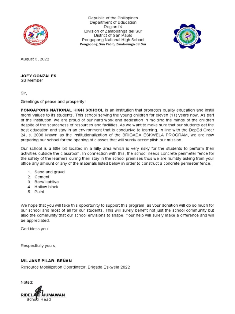 Brigada Eskwela Solicitation Letter | PDF