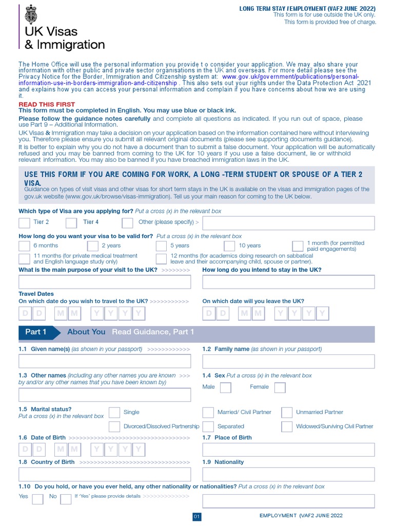 Vaf2 United Kingdom Working Visa Application Form-1 | PDF | Cost Of Living | Travel Visa