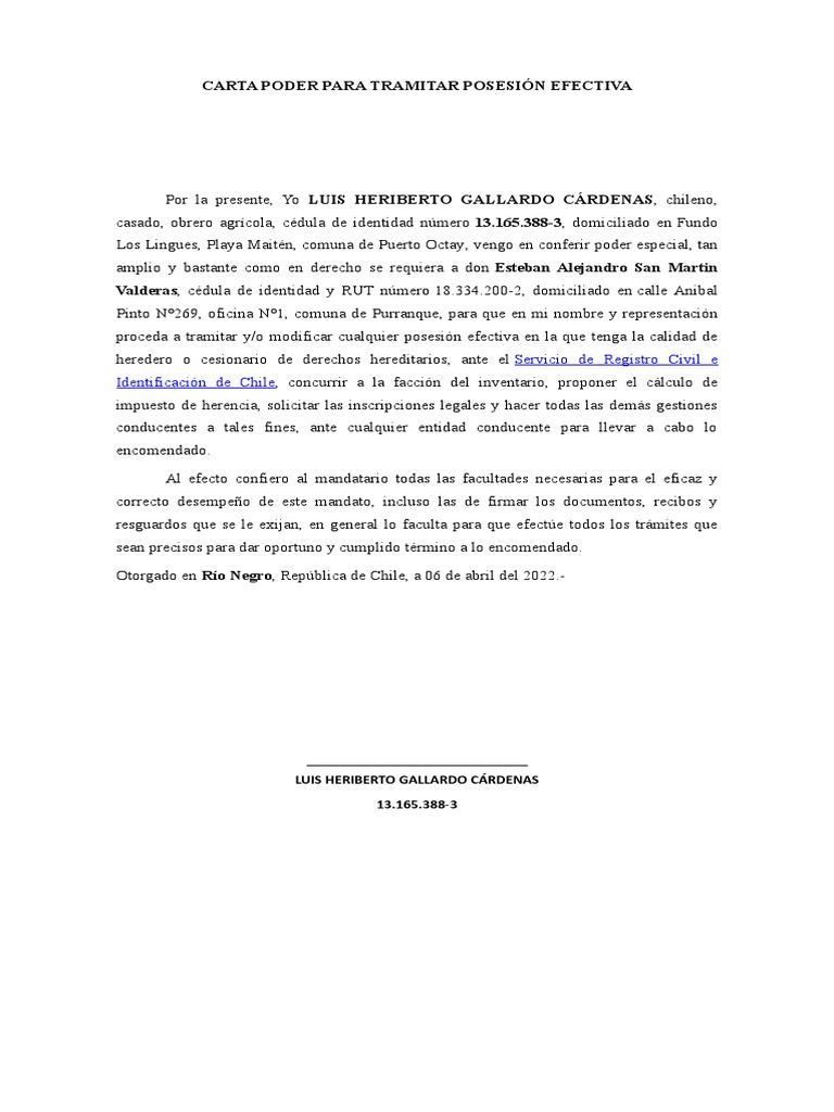 Carta Poder para Tramitar Posesión Efectiva: Servicio de Registro Civil e Identificación de ...