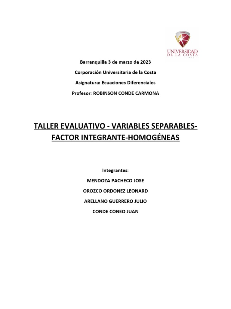 Taller Evaluativo - Variables Separables-Factor Integrante-Homogéneas | PDF