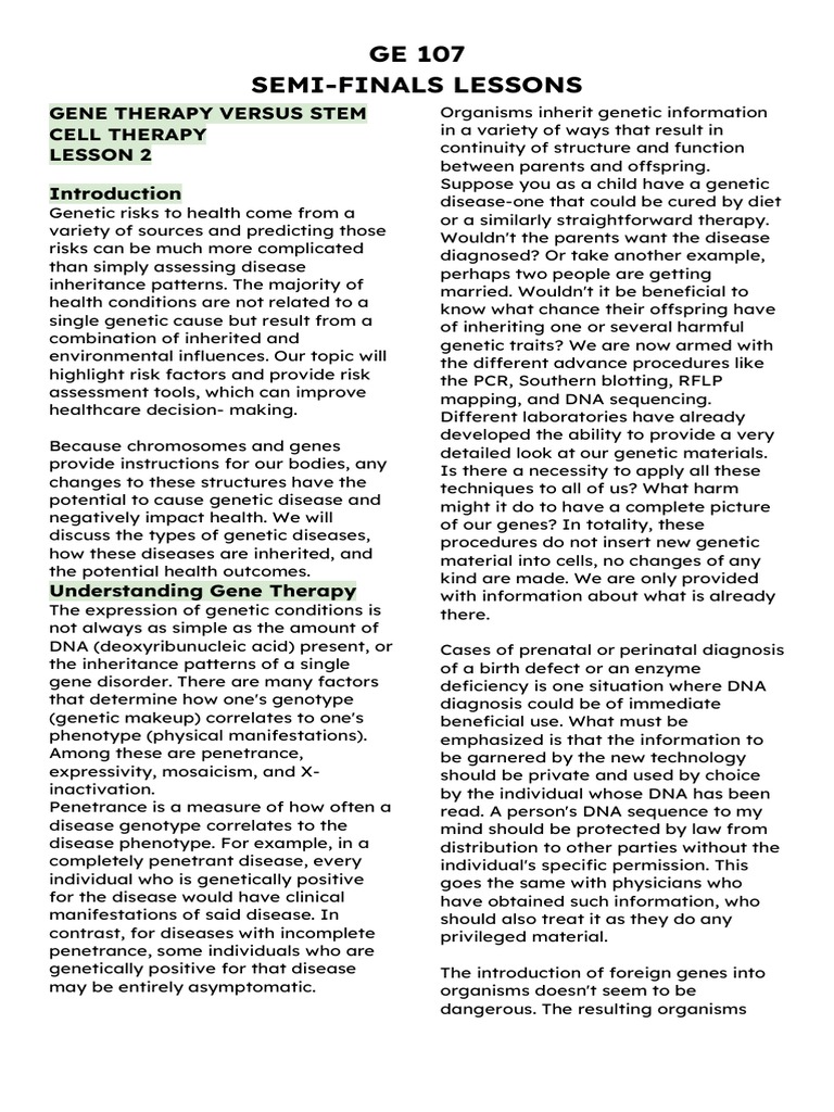 GE 107 Semi-Finals Lessons: Gene Therapy Versus Stem Cell Therapy Lesson 2 | PDF