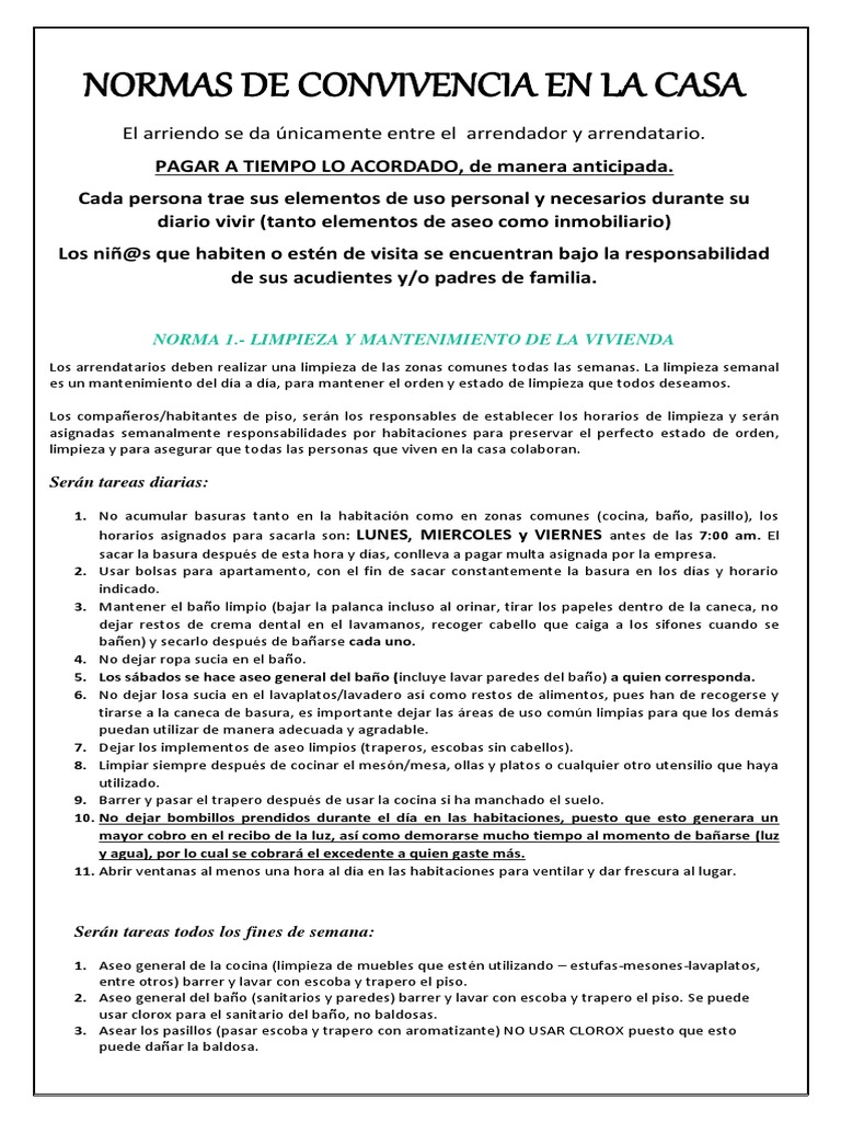 Normas de Convivencia en La Casa: El Arriendo Se Da Únicamente Entre El Arrendador y ...