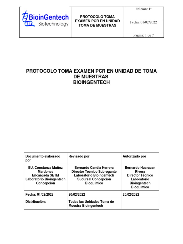 Protocolo Toma Examen PCR en Unidad de Toma de Muestras Bioingentech | PDF